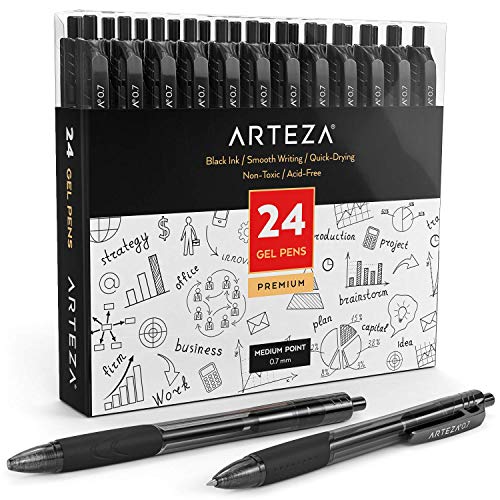 ARTEZA Retractable Gel Pens, Quick-Drying Black Ink, 0.7mm Medium Point, 24 Pack, Perfect for Smooth Writing, Note-Taking, College School Supplies, Business Supplies, Office Essentials, and Journaling