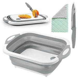 collapsible cutting board, hi ninger chopping board with towel kitchen foldable camping dishes sink space saving 3 in 1 multifunction storage basket for bbq prep/picnic/camping (grey)