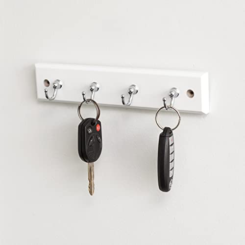 Home Basics 4 Hook Wall Mounted Key Holder Rack for Entryway, Kitchen, Bedroom – Organize Car Keys, House Keys, Small Accessories and Jewelry (White)