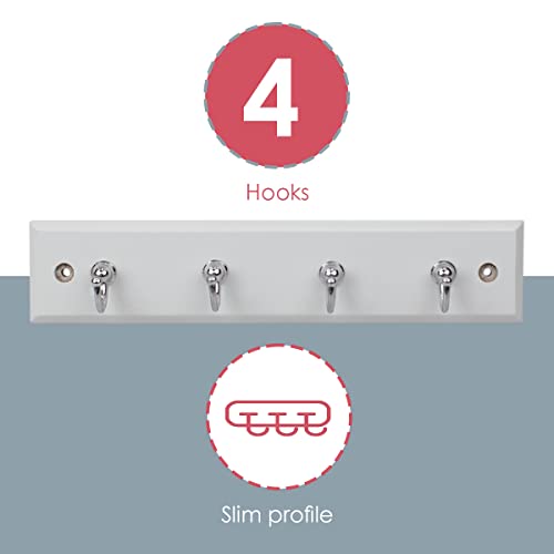 Home Basics 4 Hook Wall Mounted Key Holder Rack for Entryway, Kitchen, Bedroom – Organize Car Keys, House Keys, Small Accessories and Jewelry (White)