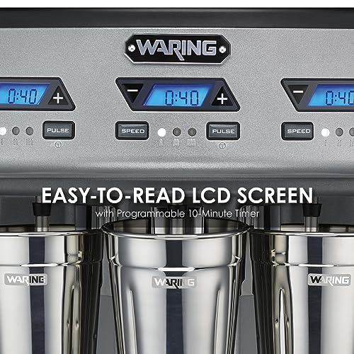 Waring Commercial WDM360TX Heavy-Duty Triple Spindle Drink Mixer, Each Spindle Has Independent 1hp Motor, with Countdown Timer, Digital Display, Automatic Start/Stop, 120V, 5-15 Phase Plug,Silver