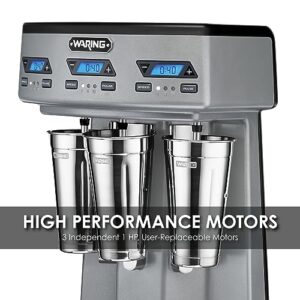 Waring Commercial WDM360TX Heavy-Duty Triple Spindle Drink Mixer, Each Spindle Has Independent 1hp Motor, with Countdown Timer, Digital Display, Automatic Start/Stop, 120V, 5-15 Phase Plug,Silver