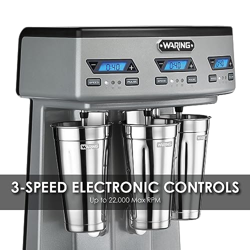 Waring Commercial WDM360TX Heavy-Duty Triple Spindle Drink Mixer, Each Spindle Has Independent 1hp Motor, with Countdown Timer, Digital Display, Automatic Start/Stop, 120V, 5-15 Phase Plug,Silver