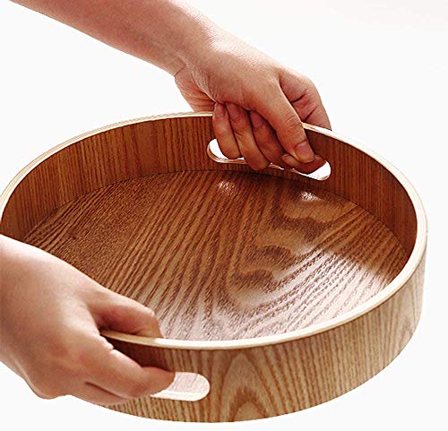 I-lan 14 Inch Wooden Serving Tray Circle, Round Wood Platter with Handles and 2 Inch Raised Side, Natural Wood Grain Circular Ottoman Display Tray Organizer for Food, Snack, Coffee Table, Beige, L