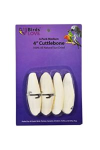 birds love natural cuttlebone – premium calcium & trace mineral supplement for avian species, tortoises, and snails – pure cuttlebone for parakeets, cockatiels and all birds | 4-pack - size 3.5 to 4"