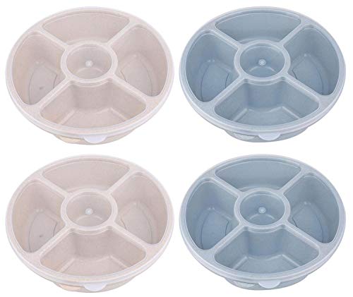 Yesland 4 Pack 11.25 Inch Serving Trays with Lid - 4 Compartment Round Wheat Straw Candy and Nut Serving Container, Food Storage - Divided Camping Snack Plate & Dish Platter