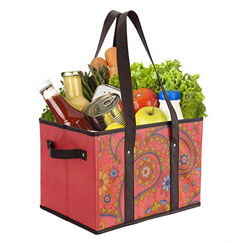 Foraineam Reusable Grocery Bags 3 Pattern Assorted Durable Heavy Duty Grocery Totes Bag Collapsible Grocery Shopping Box Bags with Reinforced Bottom