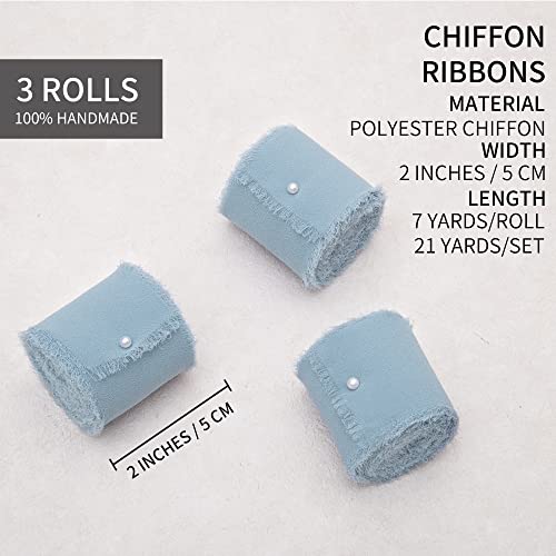 DORIS HOME 3 Rolls 2"x7Yd Fringe Chiffon Ribbon for Flower Bouquet, Handmade Dusty Blue Ribbon for Gift Wrapping, Frayed Edge Ribbon for Crafts, Decorating, Bouquet Wrap, Wedding Invitation