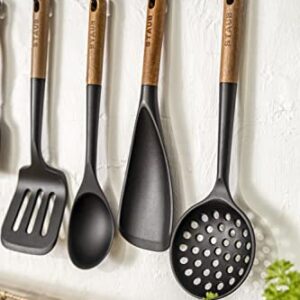 STAUB Risotto Spoon, Cooking Utensil, Perfect for Stirring and Serving Risotto, Durable BPA-Free Matte Black Silicone, Acacia Wood Handles, Safe for Nonstick Cooking Surfaces