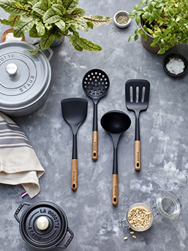 STAUB Risotto Spoon, Cooking Utensil, Perfect for Stirring and Serving Risotto, Durable BPA-Free Matte Black Silicone, Acacia Wood Handles, Safe for Nonstick Cooking Surfaces