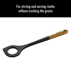 STAUB Risotto Spoon, Cooking Utensil, Perfect for Stirring and Serving Risotto, Durable BPA-Free Matte Black Silicone, Acacia Wood Handles, Safe for Nonstick Cooking Surfaces