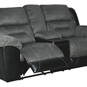 Signature Design by Ashley Earhart Faux Leather Manual Double Reclining Loveseat with Storage Console, Gray & Black