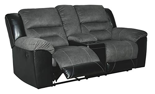 Signature Design by Ashley Earhart Faux Leather Manual Double Reclining Loveseat with Storage Console, Gray & Black