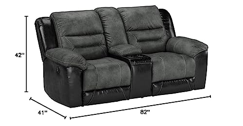 Signature Design by Ashley Earhart Faux Leather Manual Double Reclining Loveseat with Storage Console, Gray & Black