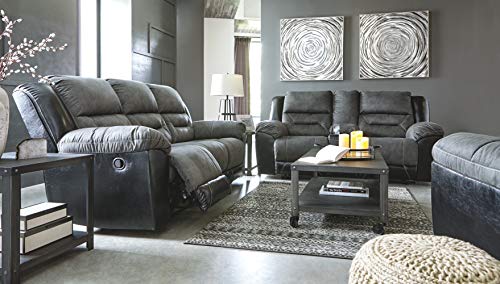 Signature Design by Ashley Earhart Faux Leather Manual Double Reclining Loveseat with Storage Console, Gray & Black