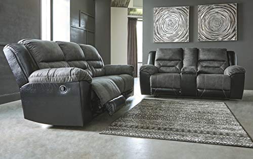 Signature Design by Ashley Earhart Faux Leather Manual Double Reclining Loveseat with Storage Console, Gray & Black