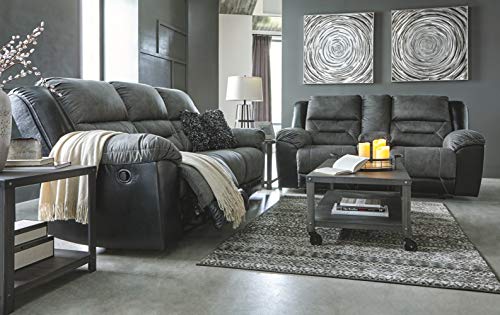 Signature Design by Ashley Earhart Faux Leather Manual Double Reclining Loveseat with Storage Console, Gray & Black