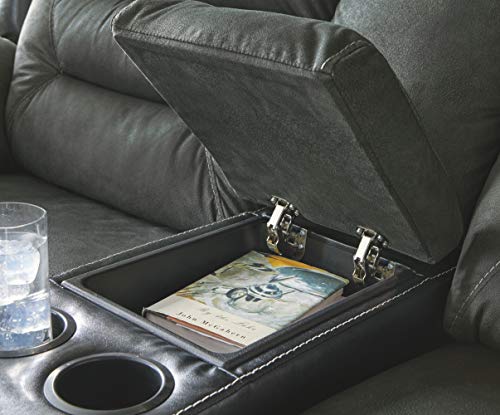 Signature Design by Ashley Earhart Faux Leather Manual Double Reclining Loveseat with Storage Console, Gray & Black