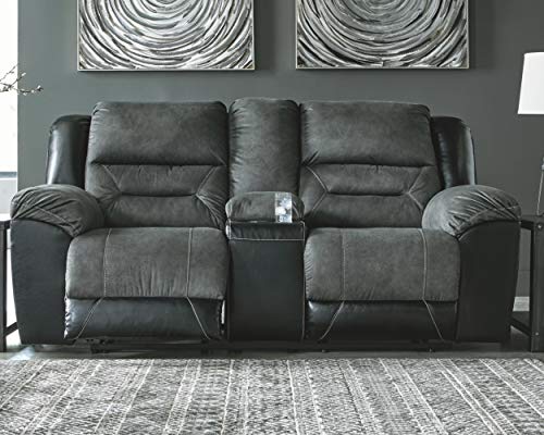 Signature Design by Ashley Earhart Faux Leather Manual Double Reclining Loveseat with Storage Console, Gray & Black