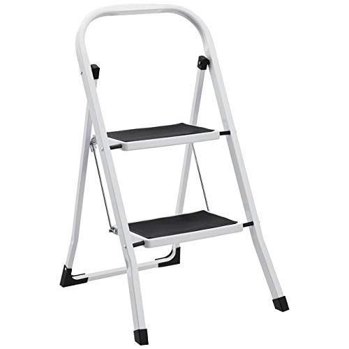 Amazon Basics Step Stool - 2-Step, Steel with Anti-slip Mat, 200-Pound Capacity, White and Black