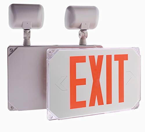 Wet Location Red Exterior Weatherproof Outdoor LED Combo Exit Sign Emergency Light With Battery Backup, AC 120V/277V, UL Certified