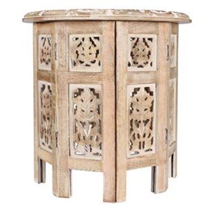 Solid Wood Hand Carved Accent Table, Side Table, entryway Table, Wooden end Table, Bedside Table, Octagonal Wooden Table - 18 Inch Round Top x 18 Inch High - White Wash