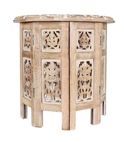 Solid Wood Hand Carved Accent Table, Side Table, entryway Table, Wooden end Table, Bedside Table, Octagonal Wooden Table - 18 Inch Round Top x 18 Inch High - White Wash