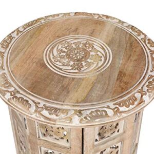 Solid Wood Hand Carved Accent Table, Side Table, entryway Table, Wooden end Table, Bedside Table, Octagonal Wooden Table - 18 Inch Round Top x 18 Inch High - White Wash