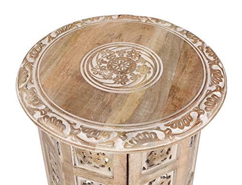 Solid Wood Hand Carved Accent Table, Side Table, entryway Table, Wooden end Table, Bedside Table, Octagonal Wooden Table - 18 Inch Round Top x 18 Inch High - White Wash