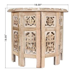 Solid Wood Hand Carved Accent Table, Side Table, entryway Table, Wooden end Table, Bedside Table, Octagonal Wooden Table - 18 Inch Round Top x 18 Inch High - White Wash