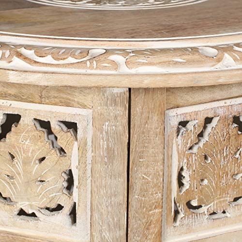 Solid Wood Hand Carved Accent Table, Side Table, entryway Table, Wooden end Table, Bedside Table, Octagonal Wooden Table - 18 Inch Round Top x 18 Inch High - White Wash