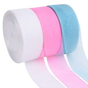 livder 3 rolls sheer chiffon ribbons 1.5 inches x 49 yards/each roll for wedding gift wrapping home decorations (blue, white, pink)