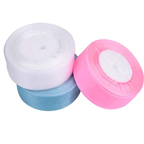 Livder 3 Rolls Sheer Chiffon Ribbons 1.5 Inches x 49 Yards/Each Roll for Wedding Gift Wrapping Home Decorations (Blue, White, Pink)