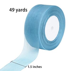 Livder 3 Rolls Sheer Chiffon Ribbons 1.5 Inches x 49 Yards/Each Roll for Wedding Gift Wrapping Home Decorations (Blue, White, Pink)