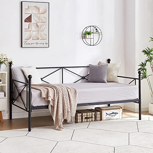 VECELO Classic Metal Daybed Frame Multifunctional Mattress Foundation/Bed Sofa with Headboard, Twin, Black