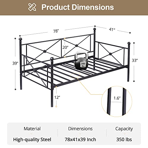 VECELO Classic Metal Daybed Frame Multifunctional Mattress Foundation/Bed Sofa with Headboard, Twin, Black