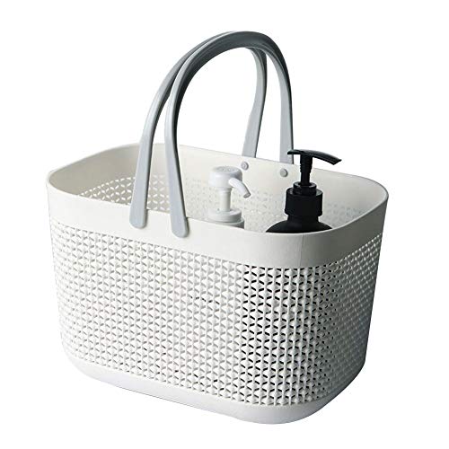 FEOOWV Plastic Bathroom Storage Basket with Handle, for Storing Bathroom Body Wash, Shampoo, Conditioner, Lotion (White, 1Pc)