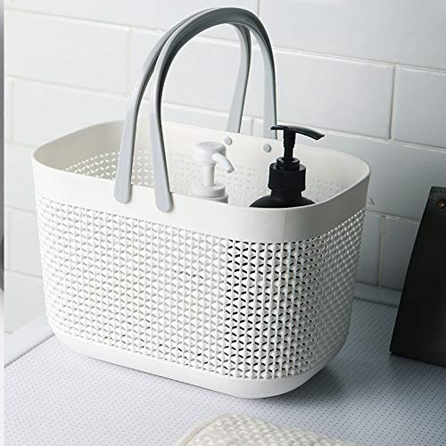 FEOOWV Plastic Bathroom Storage Basket with Handle, for Storing Bathroom Body Wash, Shampoo, Conditioner, Lotion (White, 1Pc)