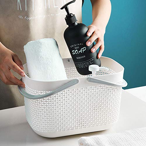 FEOOWV Plastic Bathroom Storage Basket with Handle, for Storing Bathroom Body Wash, Shampoo, Conditioner, Lotion (White, 1Pc)