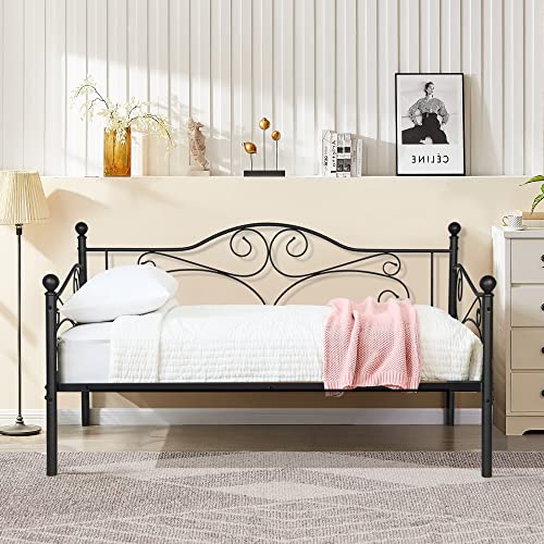 VECELO Daybed, Metal Twin Bed Frame with Headboard, Heavy Duty Steel Slats Support for Living Room Bedroom Guest Room, Easy Assembly