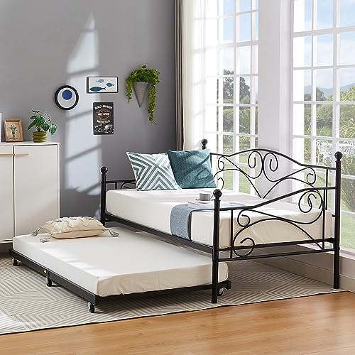 VECELO Daybed, Metal Twin Bed Frame with Headboard, Heavy Duty Steel Slats Support for Living Room Bedroom Guest Room, Easy Assembly