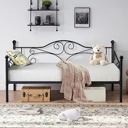 VECELO Daybed, Metal Twin Bed Frame with Headboard, Heavy Duty Steel Slats Support for Living Room Bedroom Guest Room, Easy Assembly