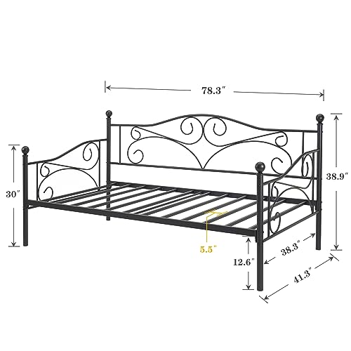 VECELO Daybed, Metal Twin Bed Frame with Headboard, Heavy Duty Steel Slats Support for Living Room Bedroom Guest Room, Easy Assembly