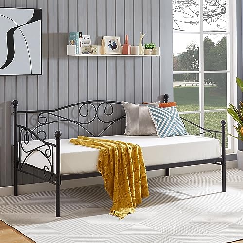 VECELO Daybed, Metal Twin Bed Frame with Headboard, Heavy Duty Steel Slats Support for Living Room Bedroom Guest Room, Easy Assembly