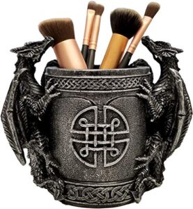 dwk - literary beasts - twin double dragon celtic gothic pen pencil desk organizer makeup brush holder art supply caddy home office accent storage accessory, antique silver pewter, 6.5-inch