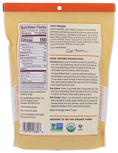 BOBS RED MILL Organic Whole Grain Farro, 24 OZ