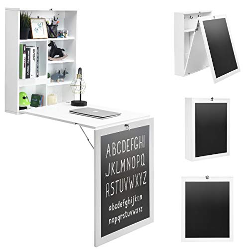 Tangkula Folding Floating Desk with Chalkboard, Wall Mounted Space Saving Fold Up Convertible Table with Storage Shelves & Hooks (White)