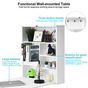 Tangkula Folding Floating Desk with Chalkboard, Wall Mounted Space Saving Fold Up Convertible Table with Storage Shelves & Hooks (White)