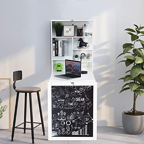 Tangkula Folding Floating Desk with Chalkboard, Wall Mounted Space Saving Fold Up Convertible Table with Storage Shelves & Hooks (White)