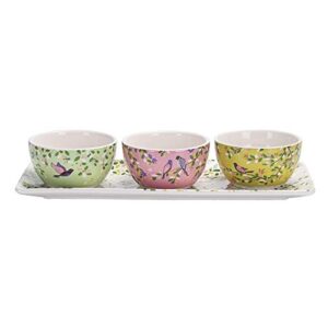 bico bird on tree ceramic dipping bowl set (9oz bowls with 14 inch platter), for sauce, nachos, snacks, microwave & dishwasher safe